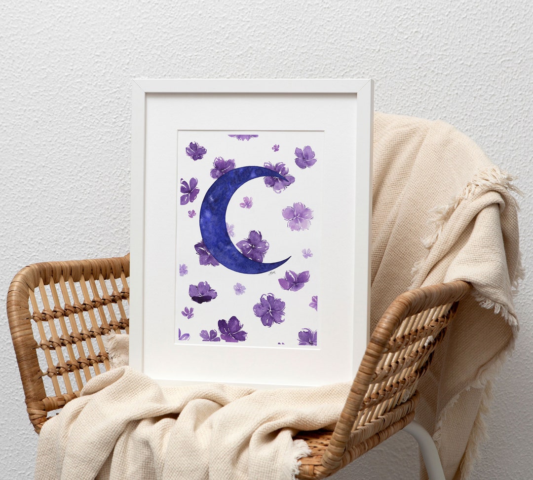 Blue Moon Watercolor Illustration and Its Purple Flower Rain - Etsy