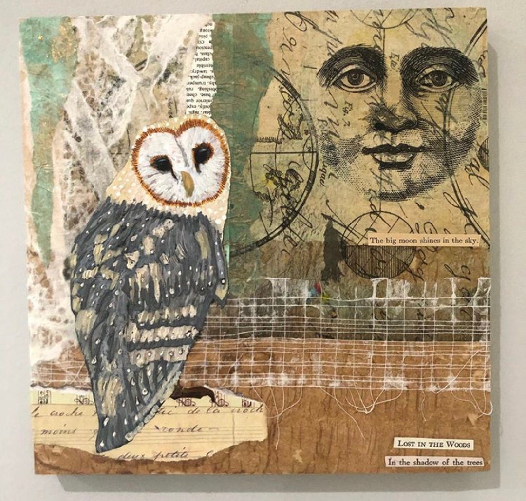 Owl Mixed Media Art on Wood Panel, nocturnal 10x10 - Etsy