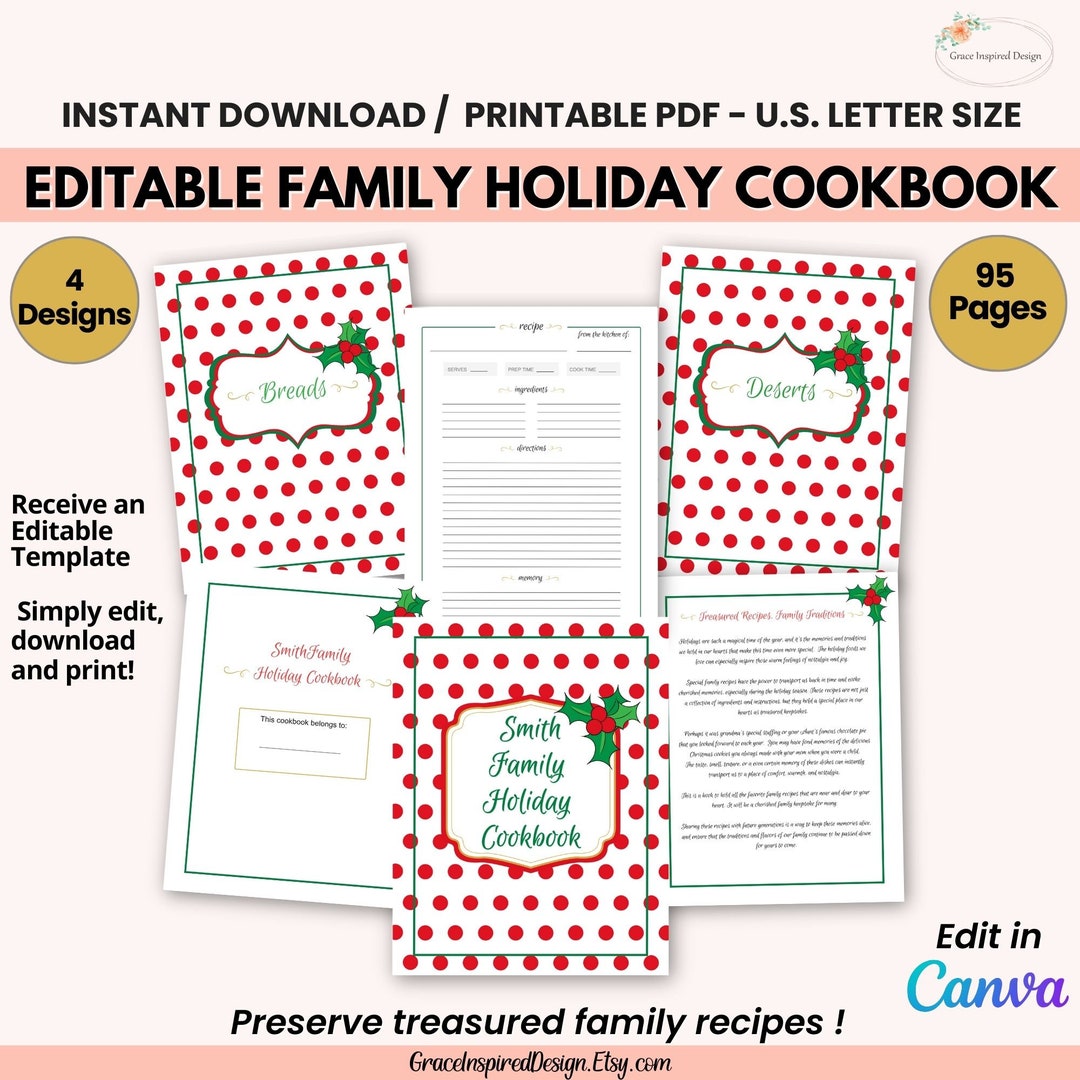 Editable Family Holiday Cookbook, Family Recipe Book Template ...