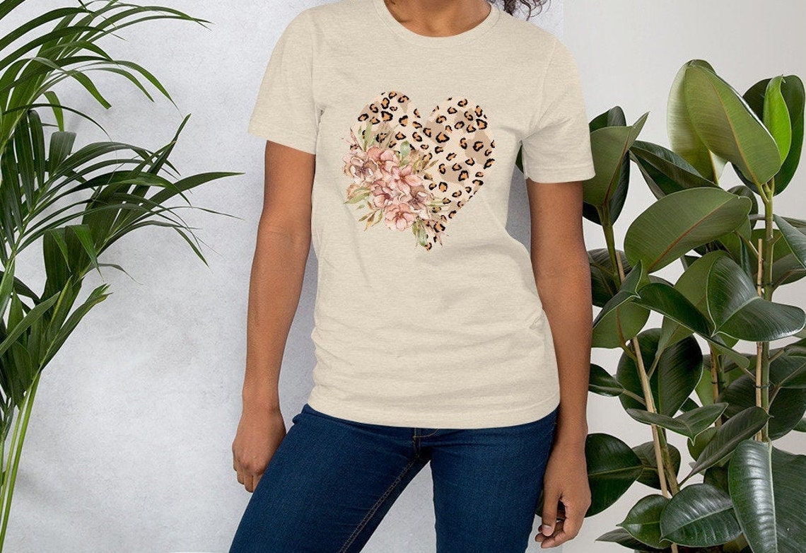 Leopard Heart T-shirt. Leopard & Flowers Tee, Women's Heart T-shirt ...