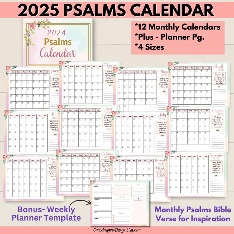 2025 Printable Calendar, Bible Verse Calendar Printable, 2025 Monthly ...