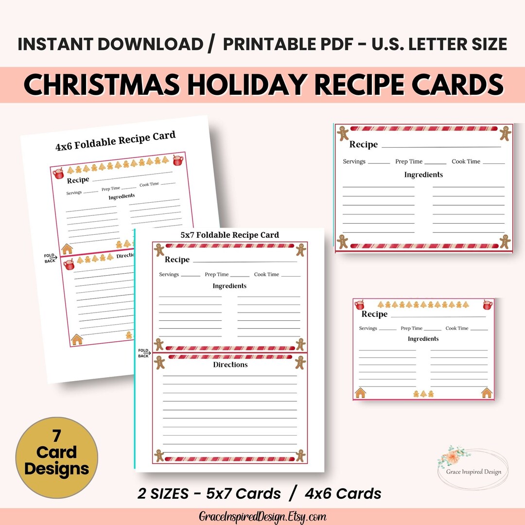Christmas Recipe Cards, Holiday Recipe Cards, Printable Christmas ...