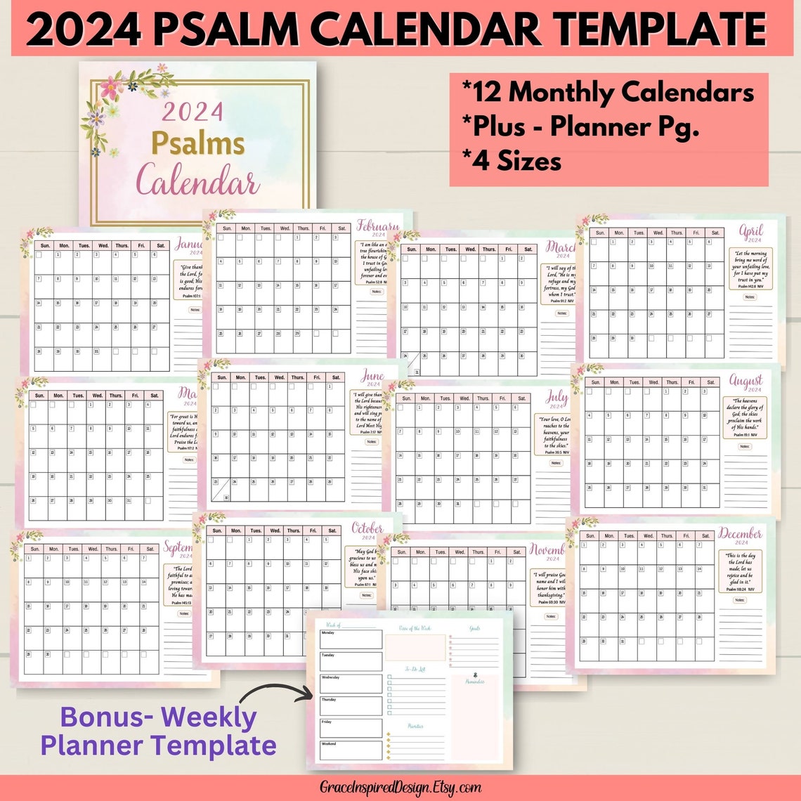 2024 Printable Calendar, Bible Verse Calendar Printable 2024, Monthly ...