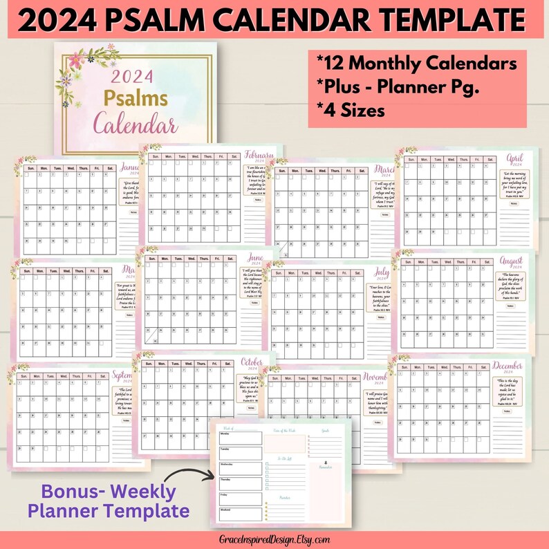 2024 Printable Calendar, Bible Verse Calendar Printable 2024, Monthly ...