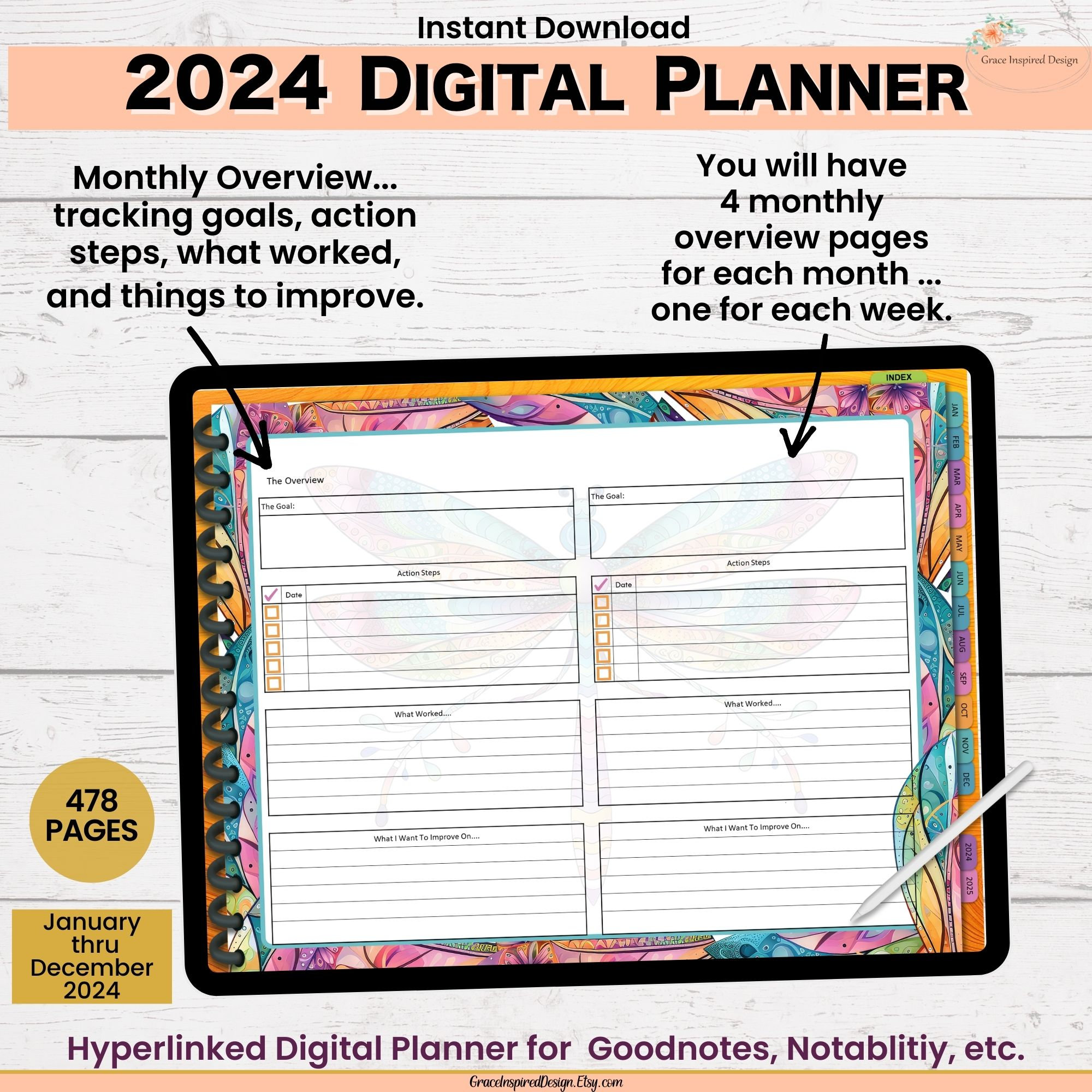 2024 Digital Planner, 2024 Dated Planner, Hyperlinked Digital Life ...