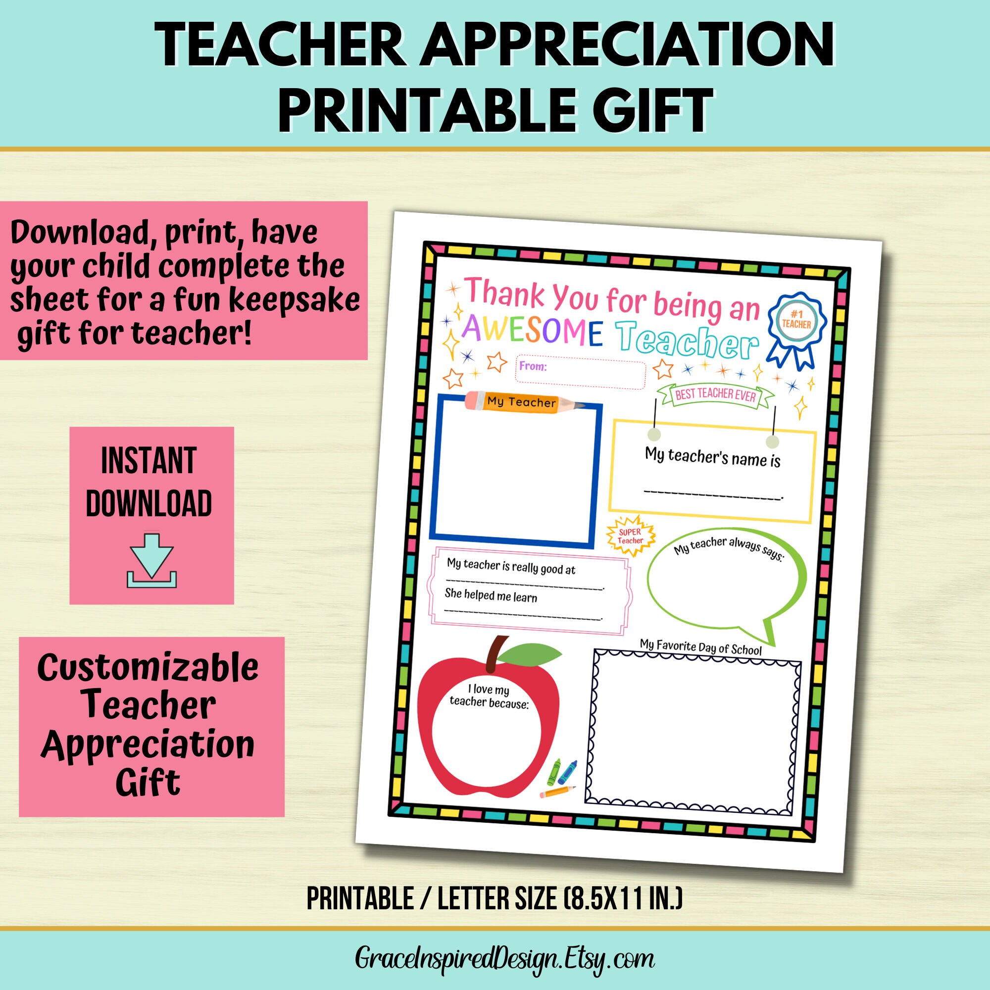 Teacher Appreciation Week Gift, All About My Teacher Printable , Thank ...