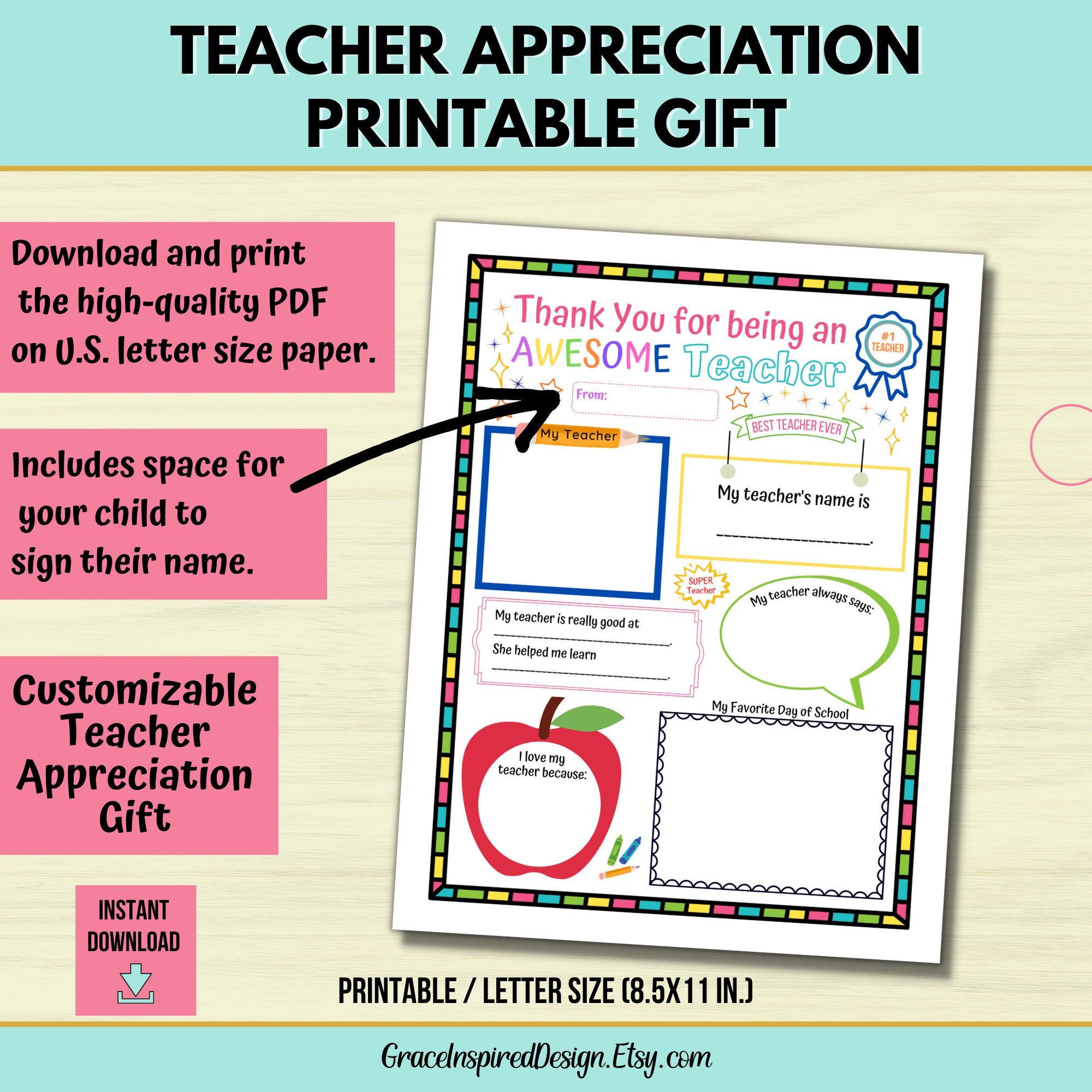 Teacher Appreciation Week Gift, All About My Teacher Printable , Thank ...
