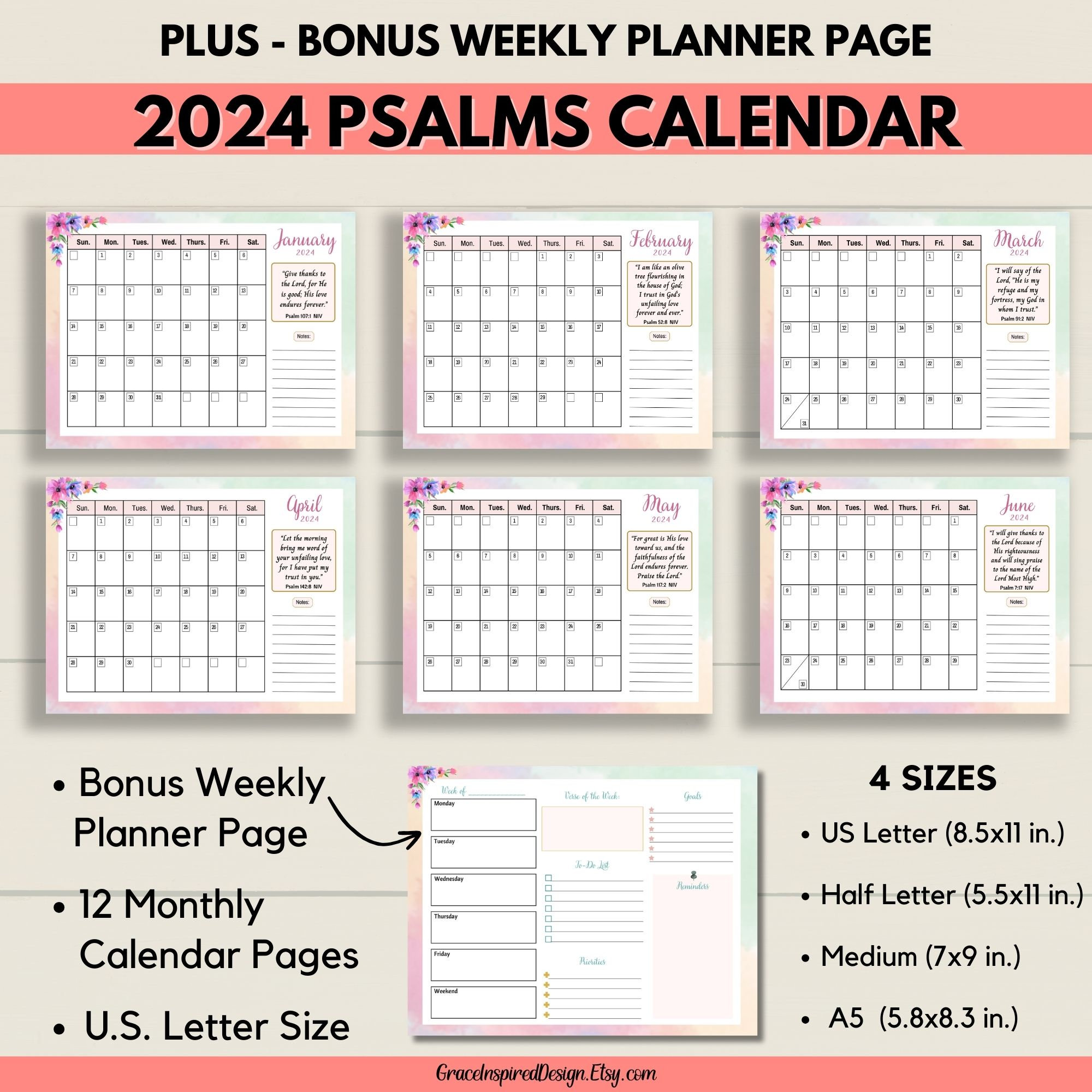 2024 Printable Calendar, Bible Verse Calendar Printable 2024, Monthly ...