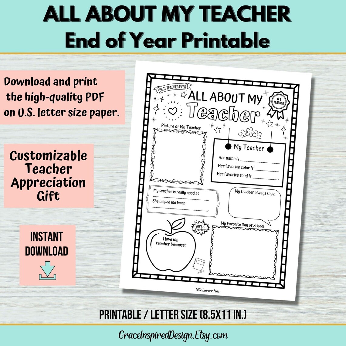 Teacher Appreciation Week Gift, All About My Teacher Printable , End of ...
