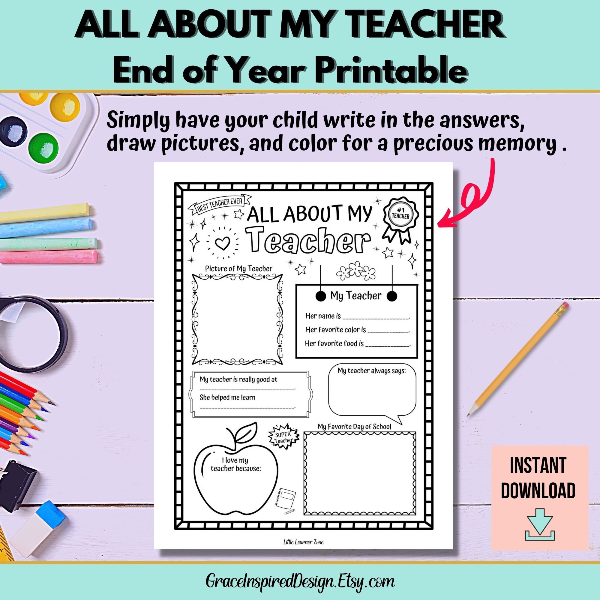 Teacher Appreciation Week Gift, All About My Teacher Printable , End of ...
