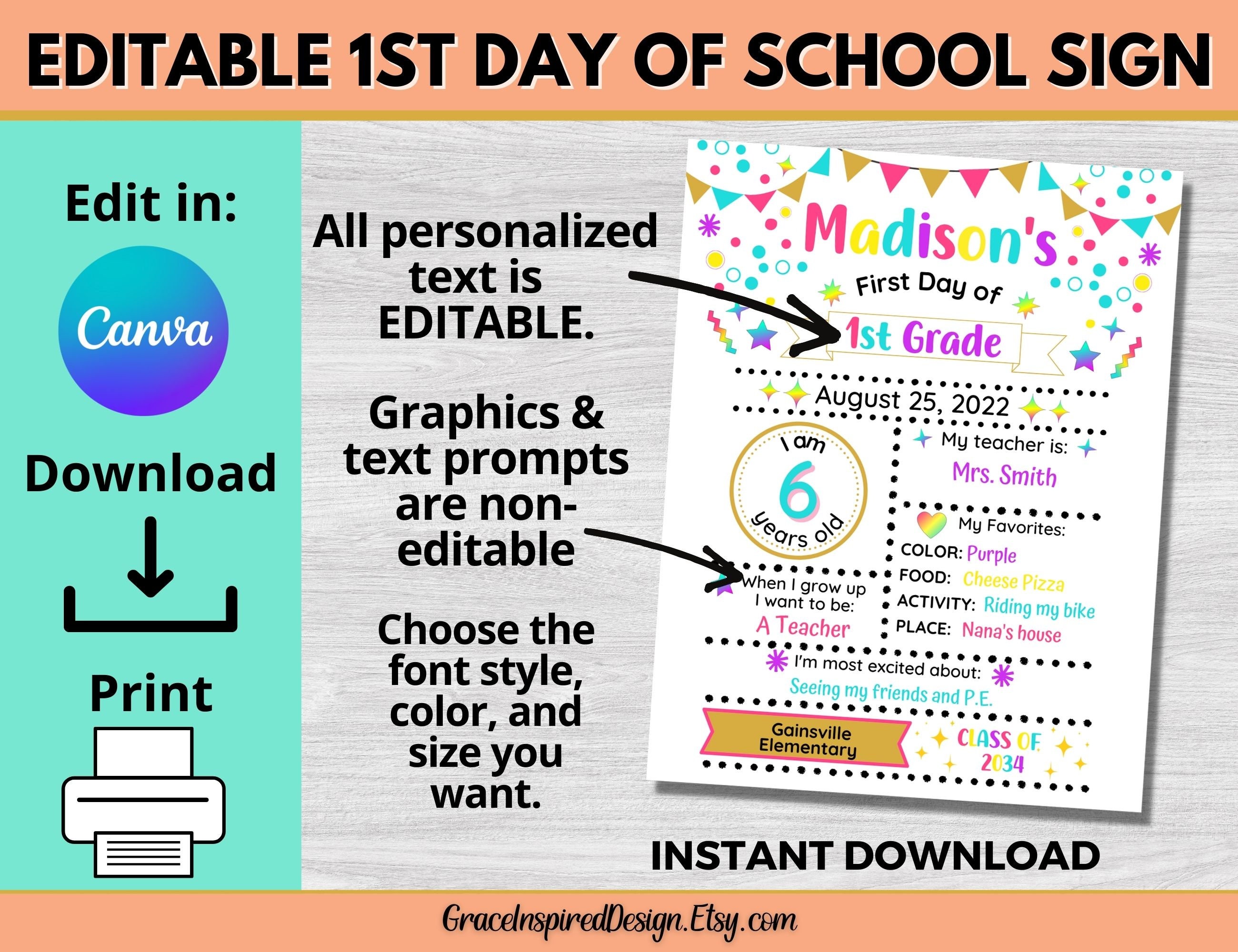 First Day of School Editable Sign, First Day of School Printable, Back ...