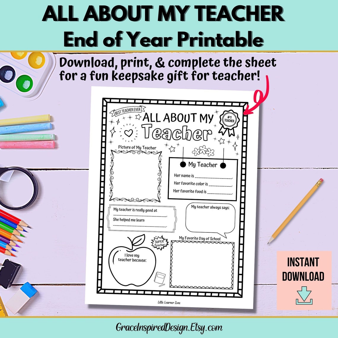 Teacher Appreciation Week Gift, All About My Teacher Printable , End of ...