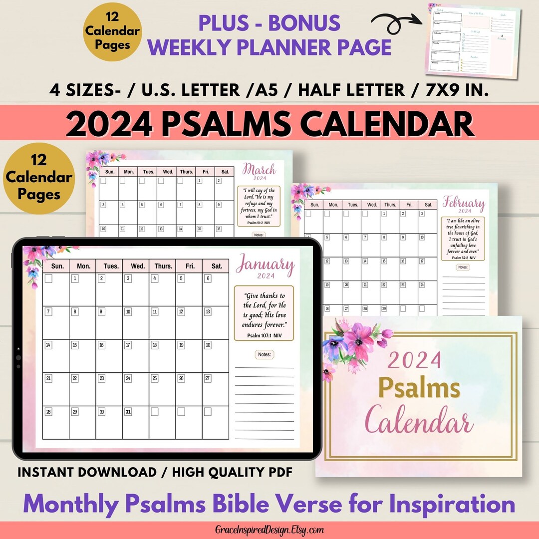 2024 Printable Calendar, Bible Verse Calendar Printable 2024, Monthly ...