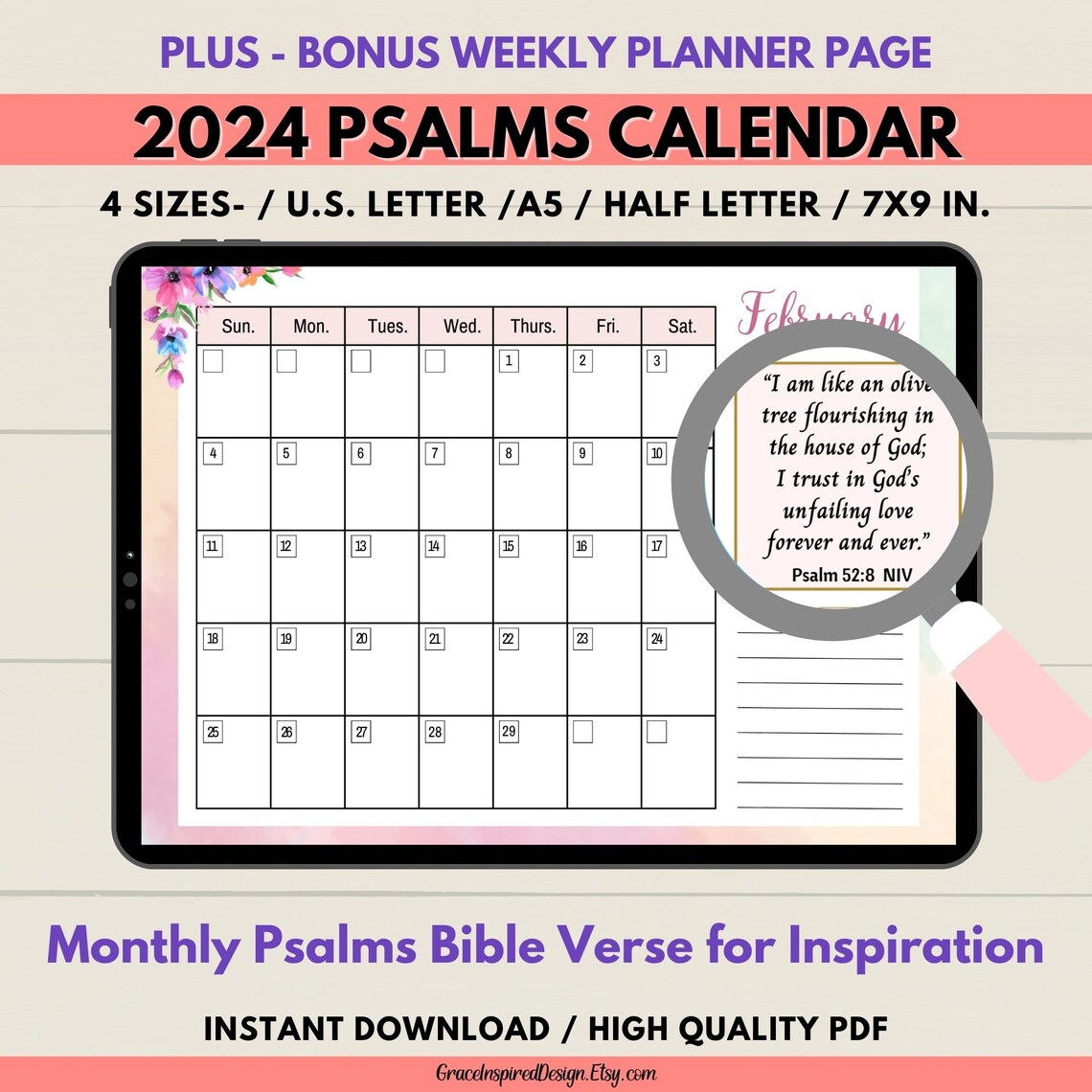 2024 Printable Calendar, Bible Verse Calendar Printable 2024, Monthly ...