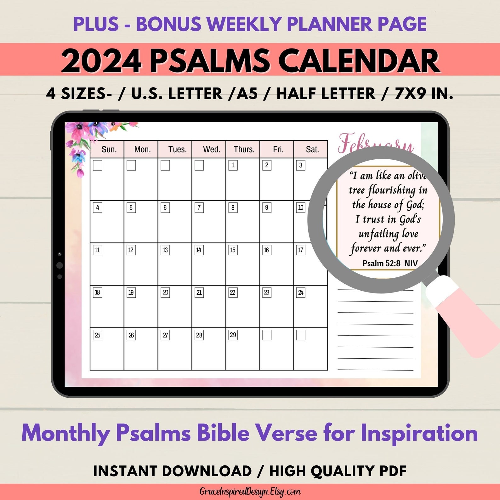 2024 Printable Calendar, Bible Verse Calendar Printable 2024, Monthly ...