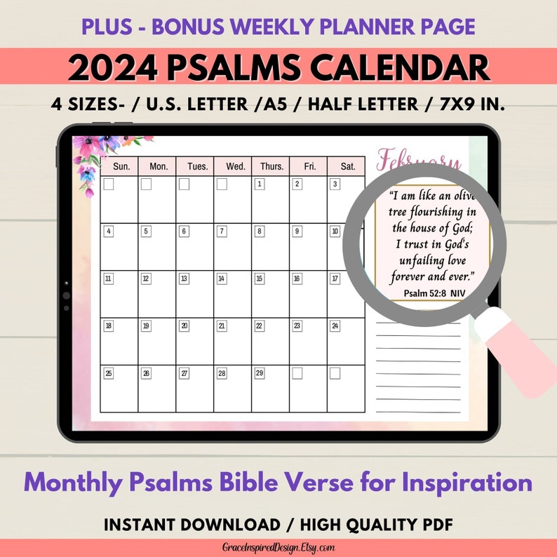 2024 Printable Calendar, Bible Verse Calendar Printable 2024, Monthly ...