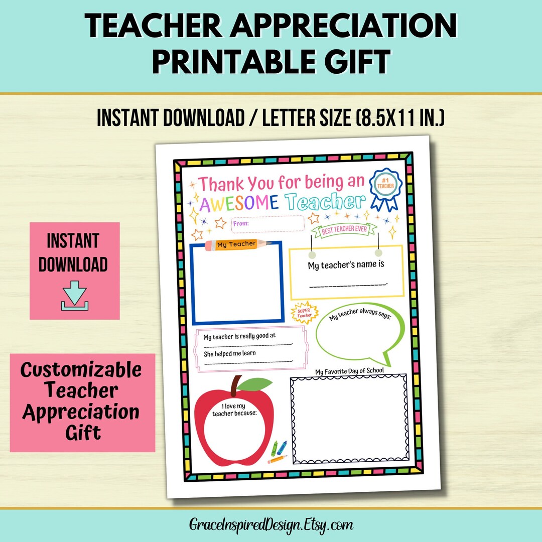 Teacher Appreciation Week Gift, All About My Teacher Printable , Thank ...