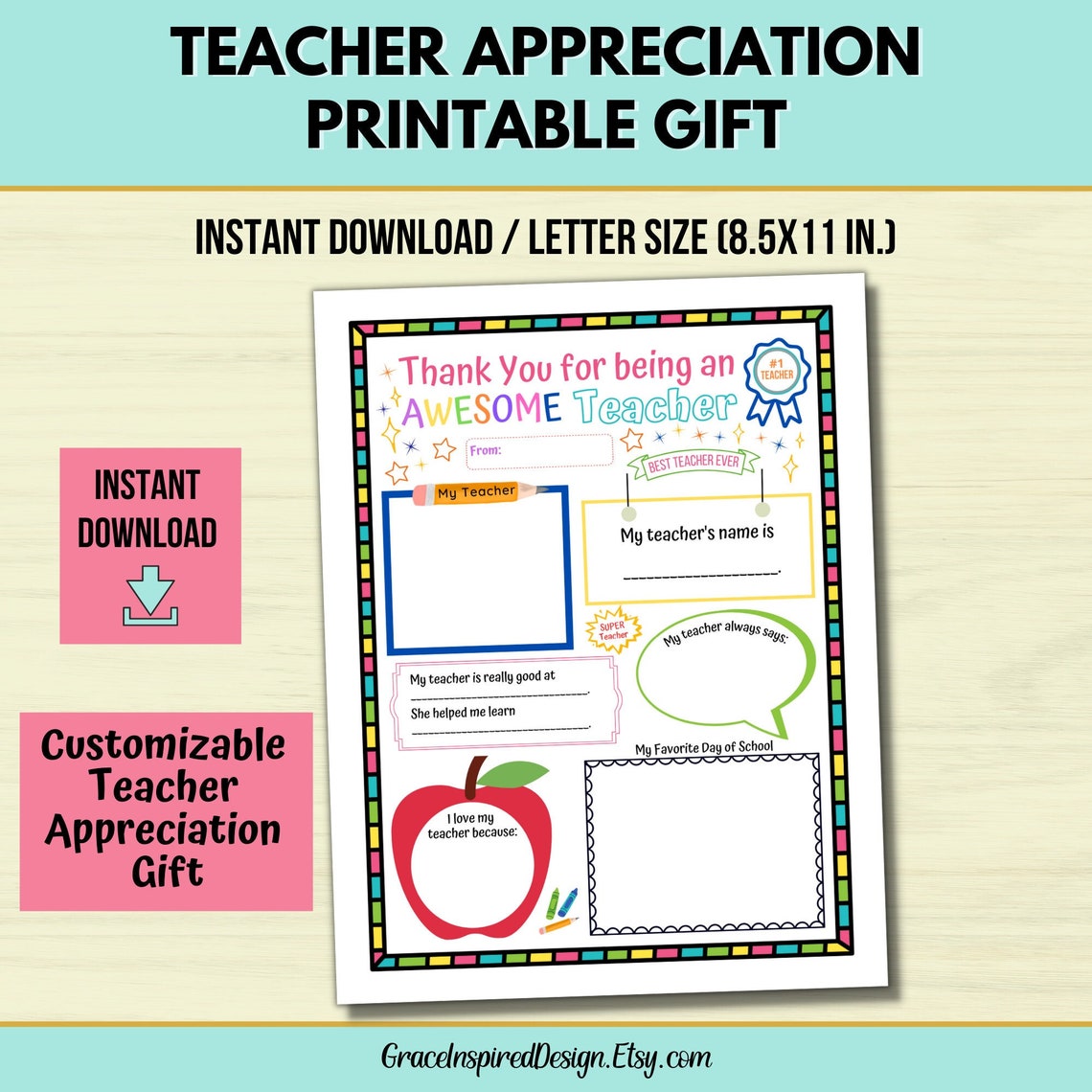 Teacher Appreciation Week Gift, All About My Teacher Printable , Thank ...
