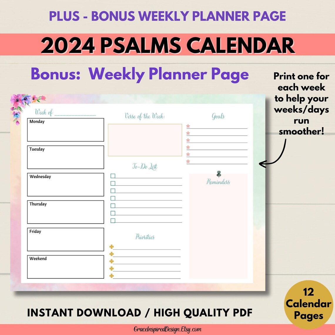 2024 Printable Calendar, Bible Verse Calendar Printable 2024, Monthly ...