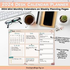 2024 Boho Desk Calendar Printable, 2024 Desk Calendar Planner Pad, 2024 ...