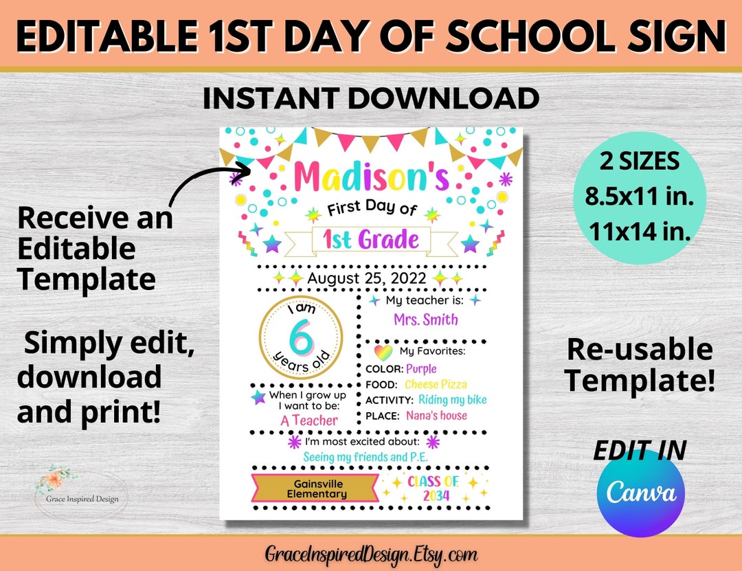 First Day of School Editable Sign, First Day of School Printable, Back ...