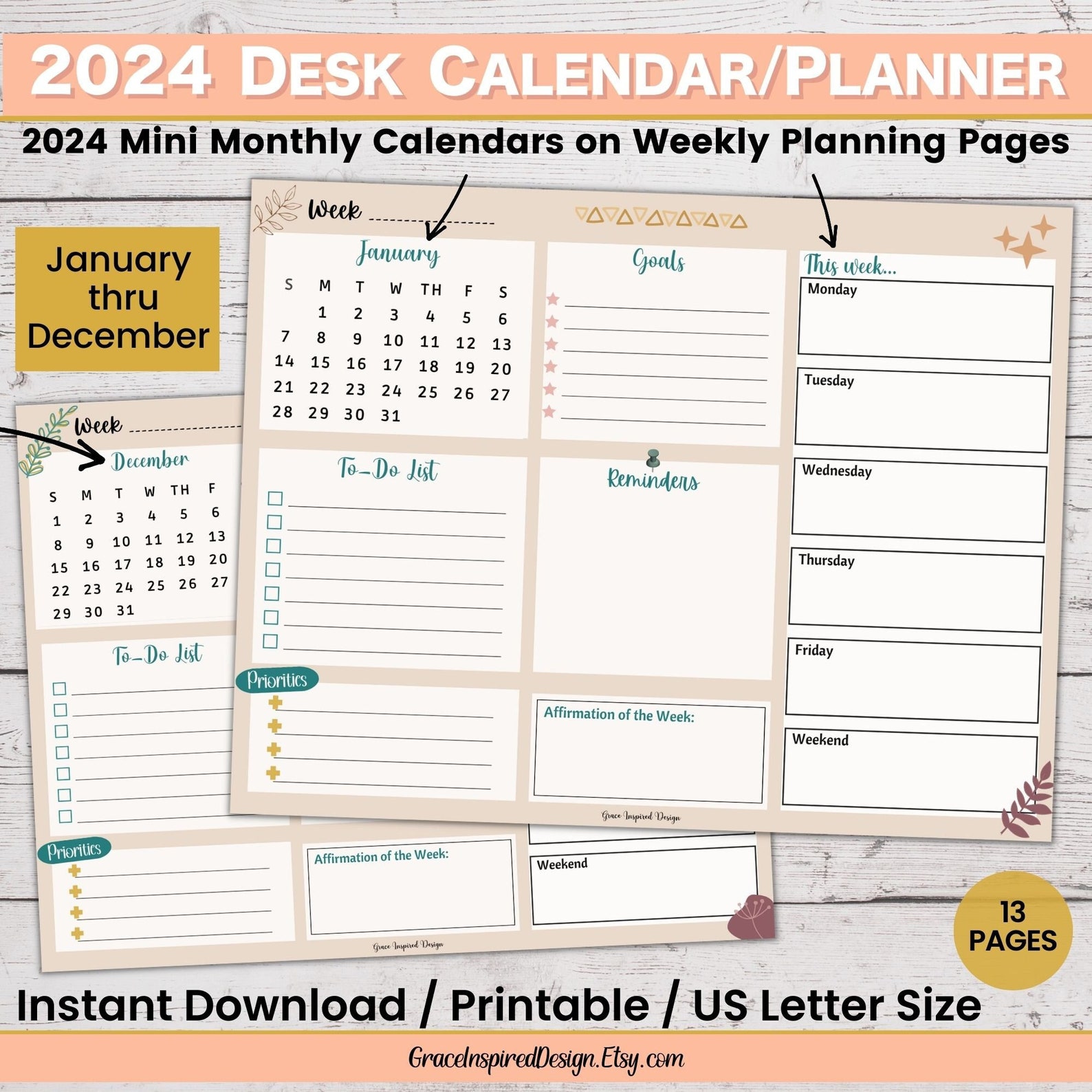 2024 Boho Desk Calendar Printable, 2024 Desk Calendar Planner Pad, 2024 ...
