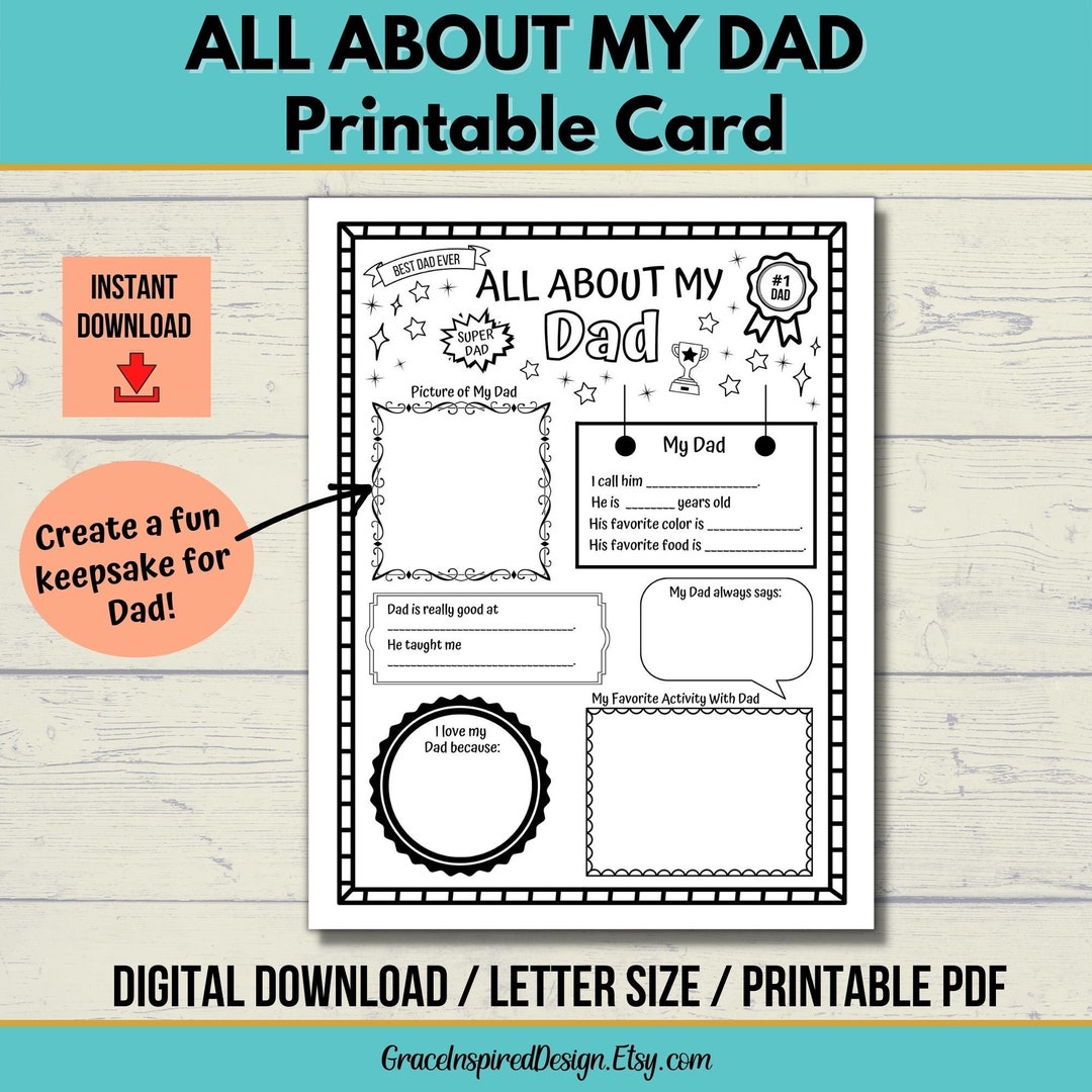 All About Dad Printable Card, Father's Day Printable for Kids, Father's ...
