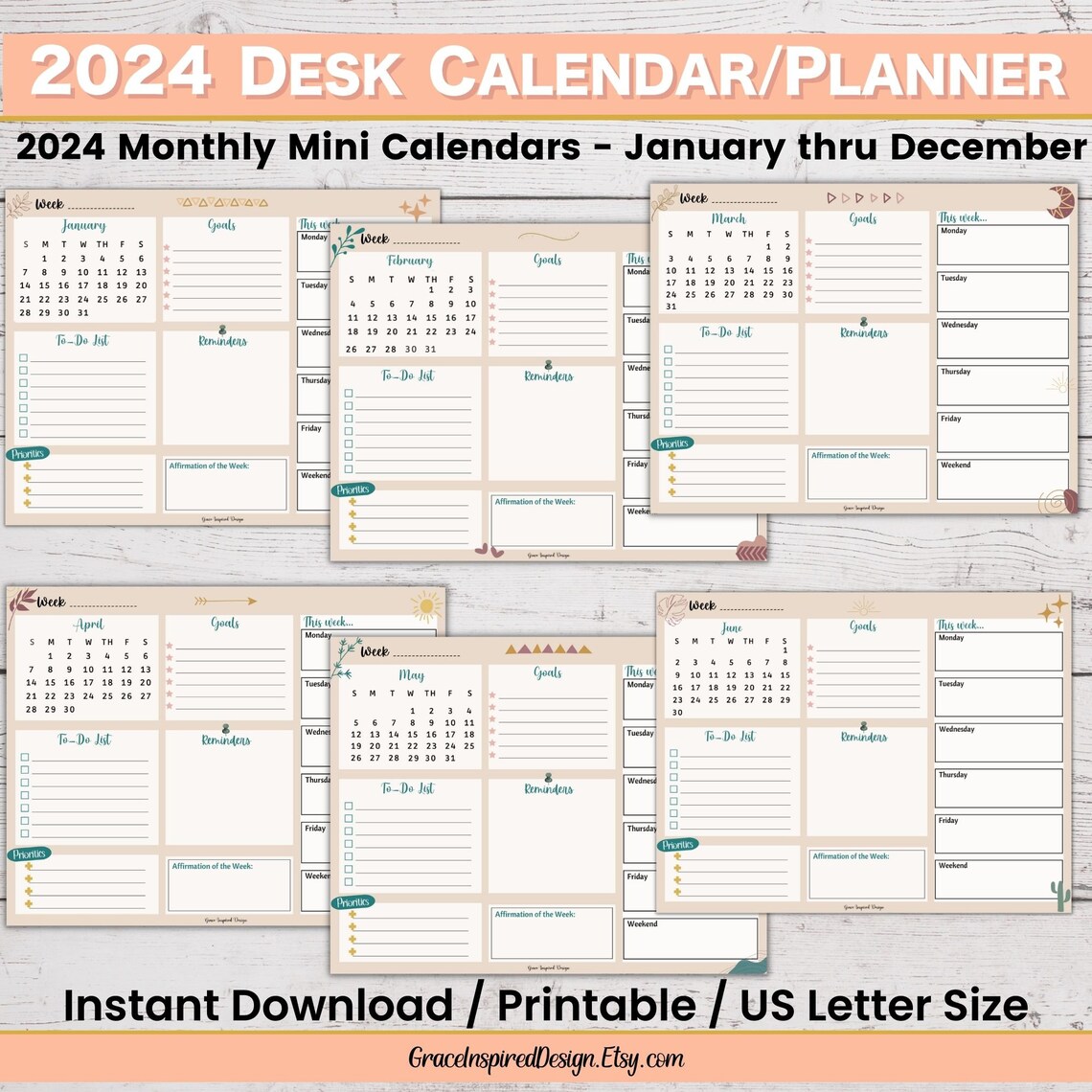 2024 Boho Desk Calendar Printable, 2024 Desk Calendar Planner Pad, 2024 ...