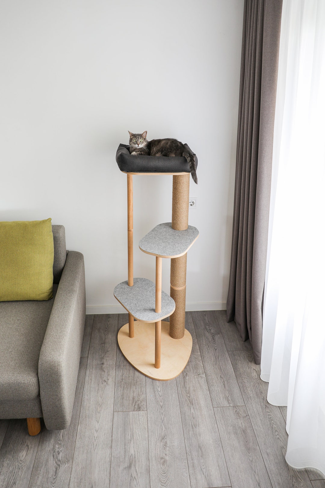 Modern Wooden Cat Tree Tower: Felt Steps, Sisal Scratching Post - Etsy