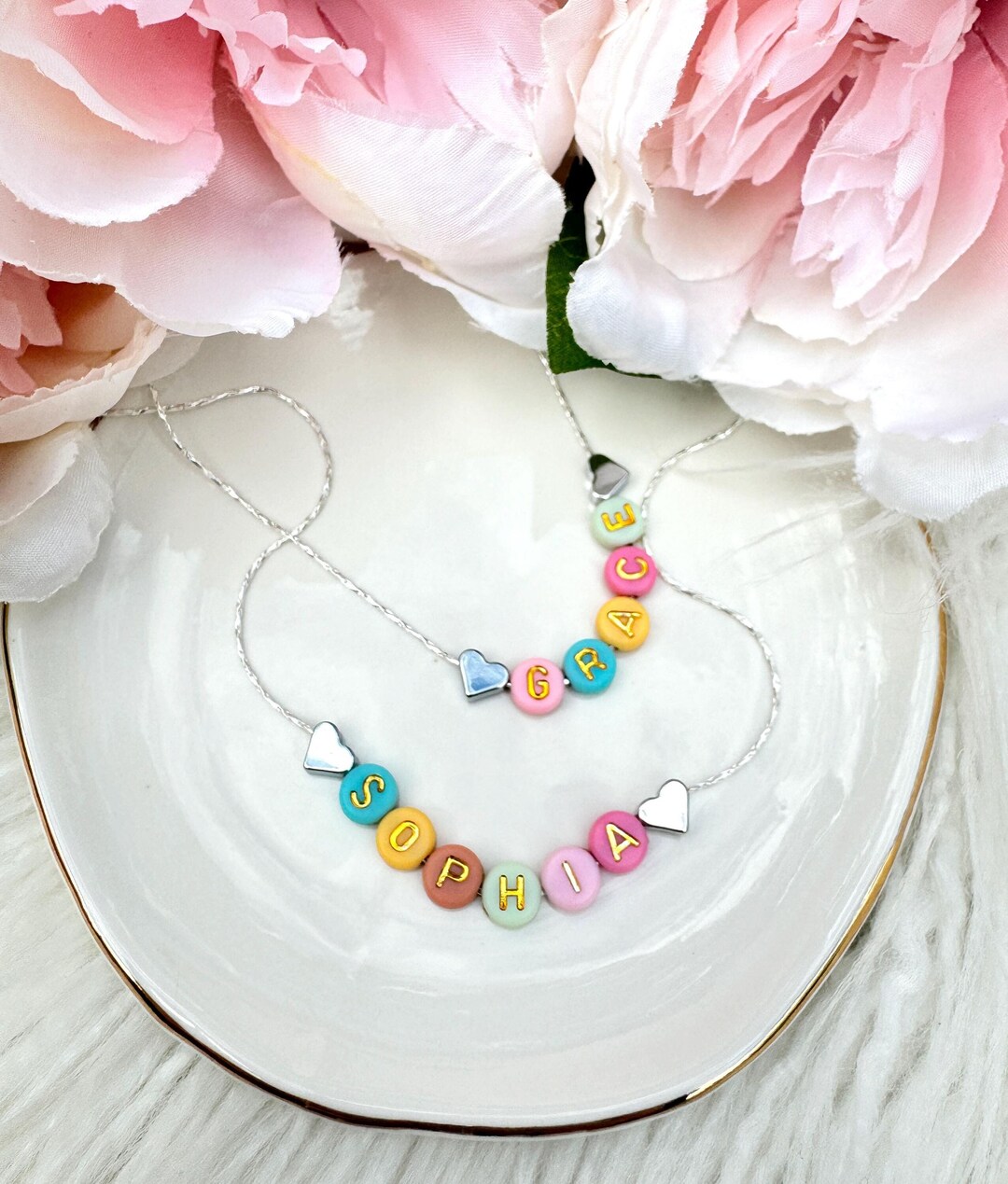 Silver Personalised Children's Name Necklace With Silver Love Hearts ...