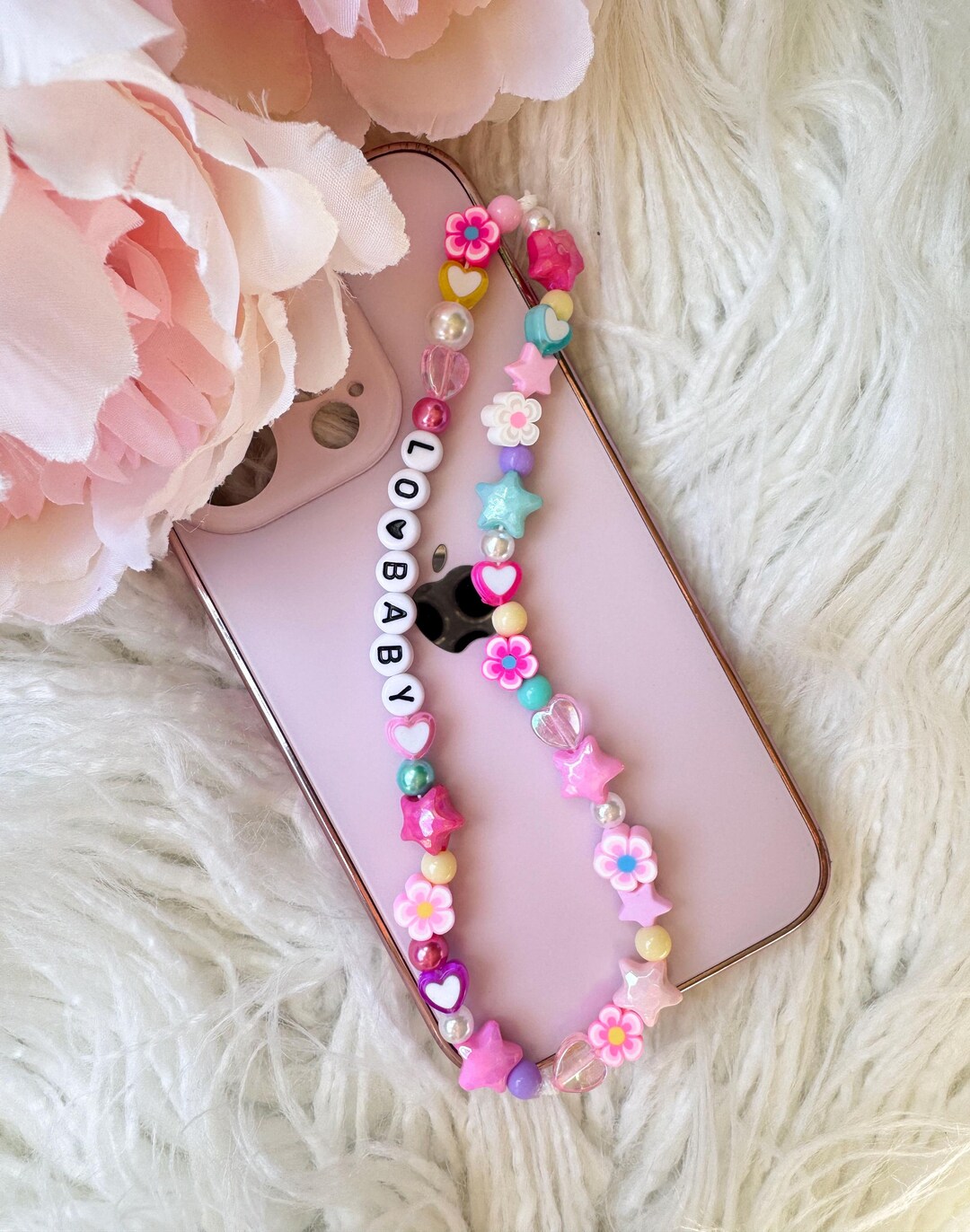 Bright Fun Flower Personalised Name Beaded Phone Charm Wristlet, iPhone ...