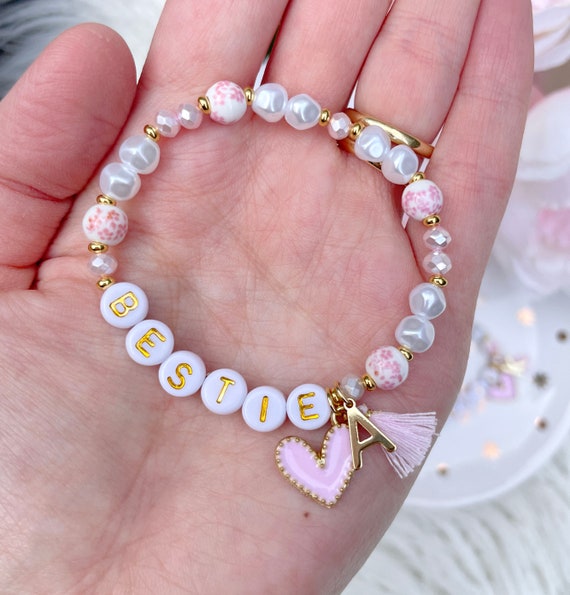 Set of 2 Bestie with Personalised Initial Letter Best Friend Love Heart Charm Bracelets White Gold Letters