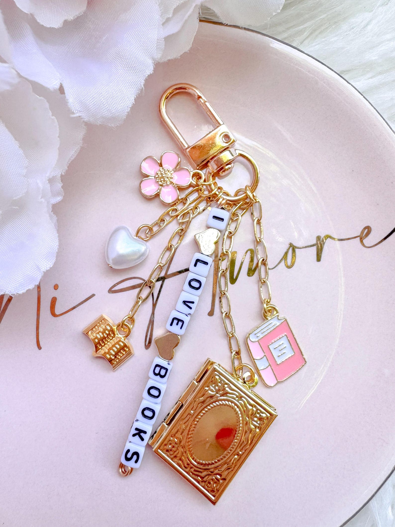 I Love Books Bag Charm Keyring - Photo Locket Keychain Book Lover Gift ...