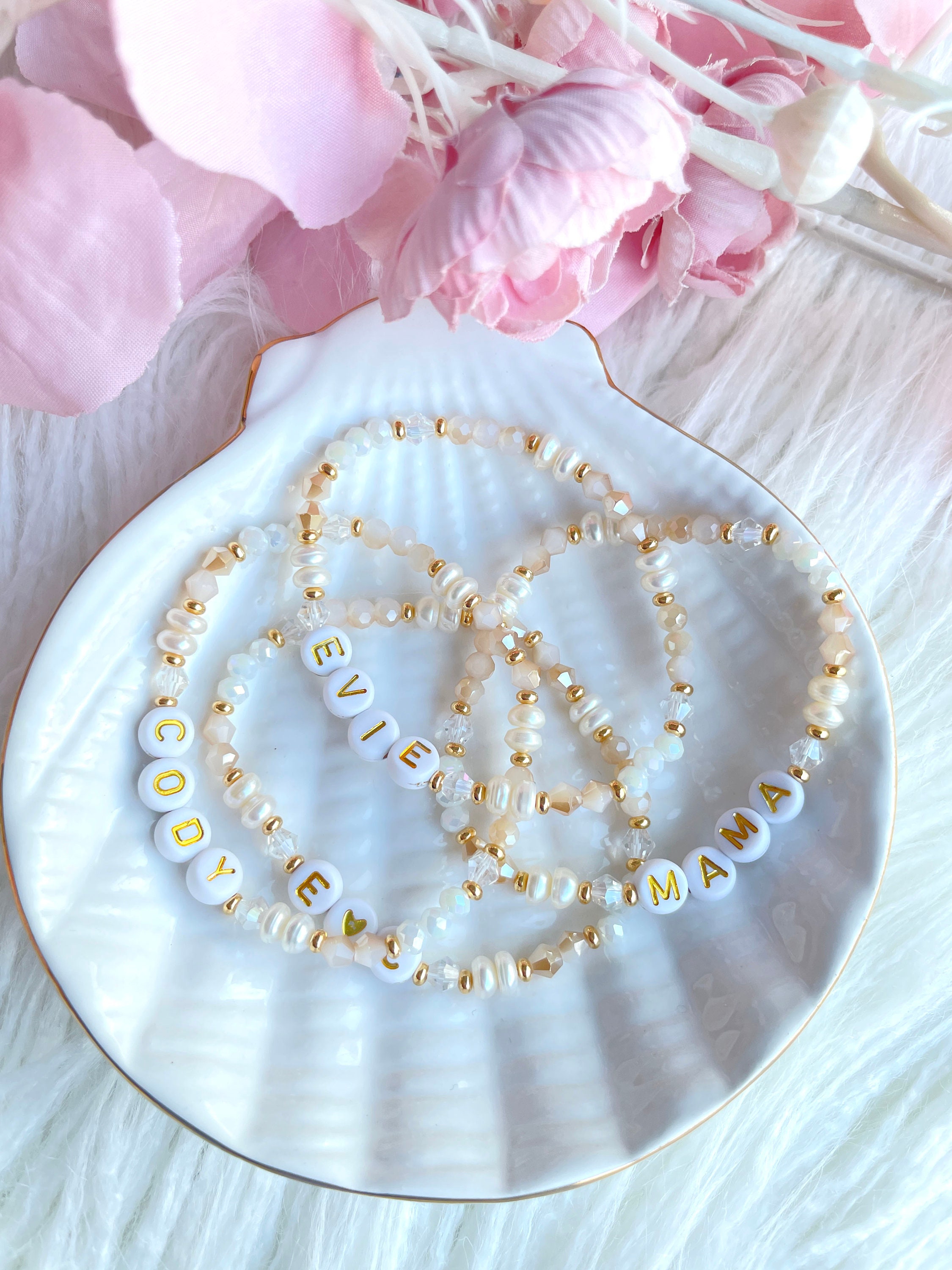 Gold and White With REAL Pearls Personalised Name Bracelet - White ...