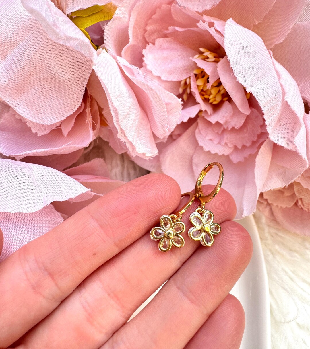 Crystal Daisy Flower 18K Gold Plated Huggie Sleeper Hoop Earrings - on ...