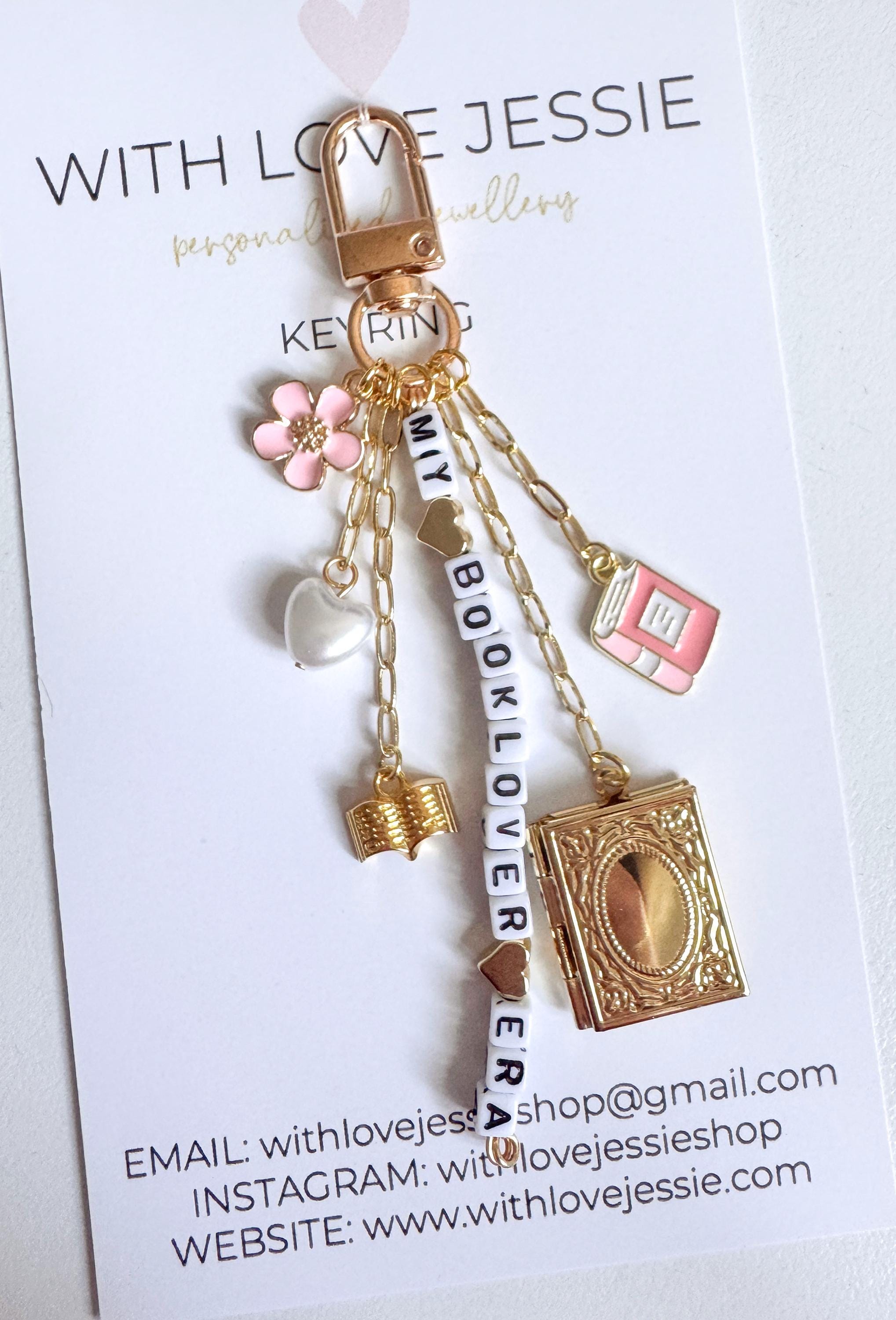I Love Books Bag Charm Keyring - Photo Locket Keychain Book Lover Gift ...