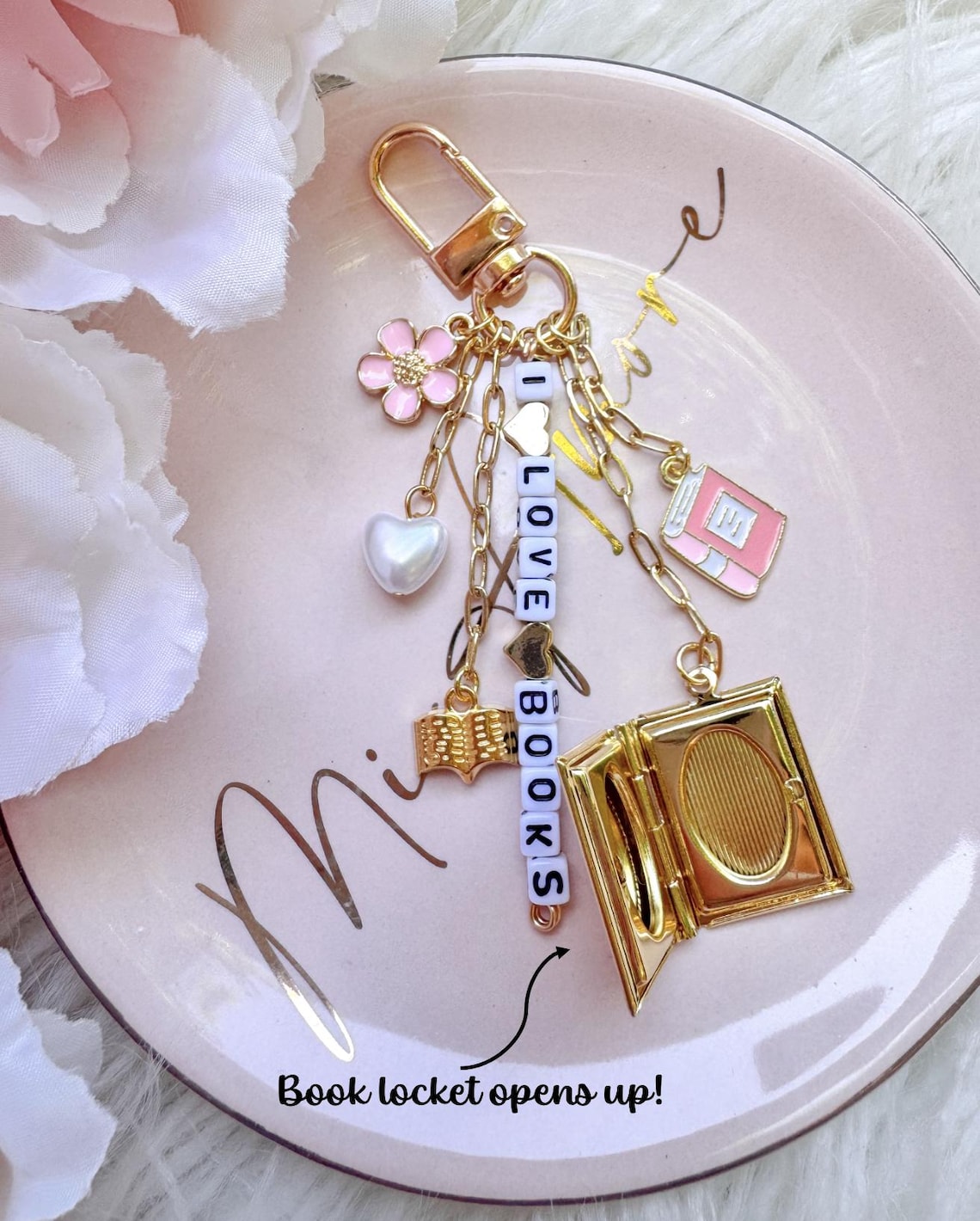 I Love Books Bag Charm Keyring - Photo Locket Keychain Book Lover Gift ...