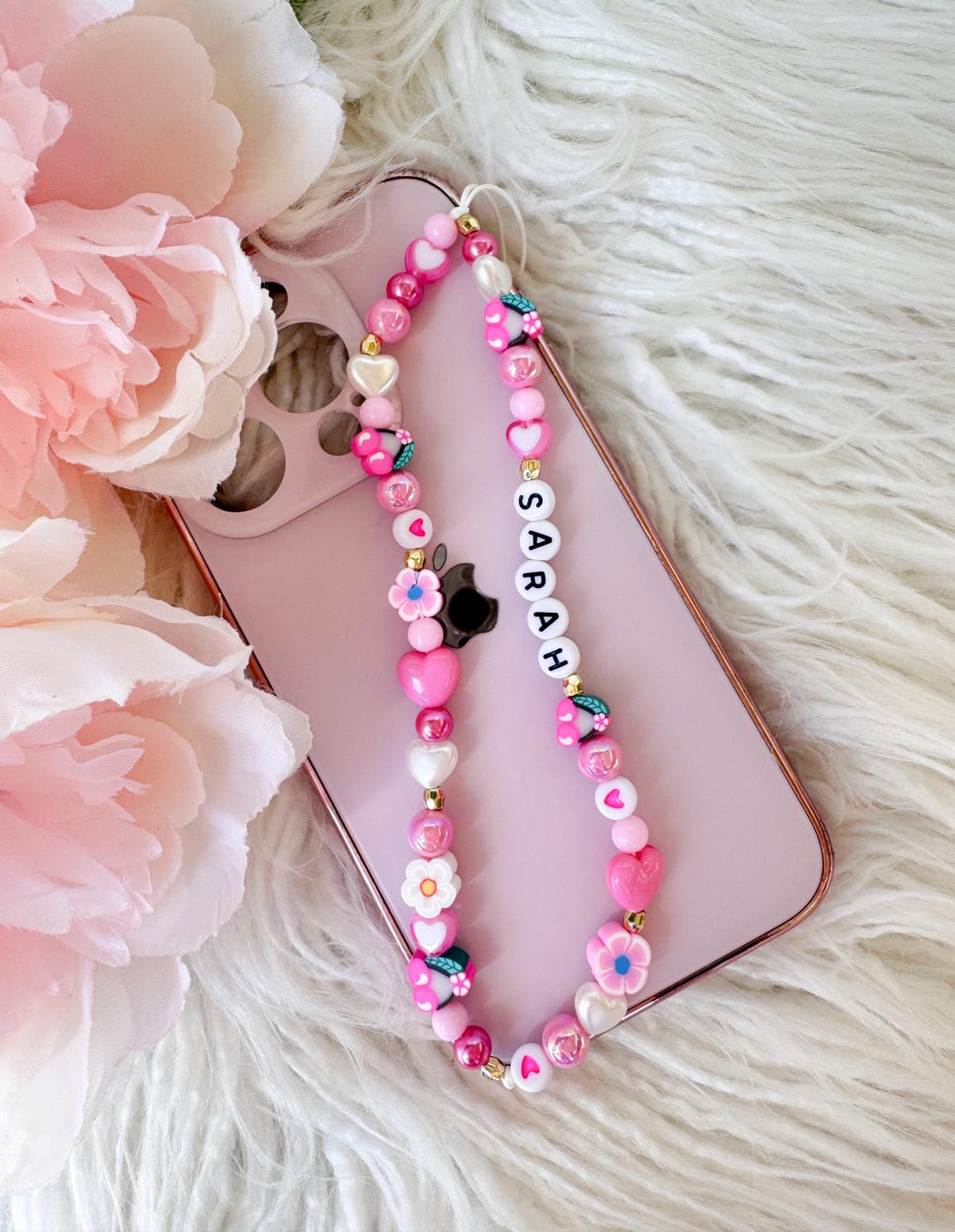 Pink Cherry and Love Hearts Personalised Name Beaded Phone Charm ...