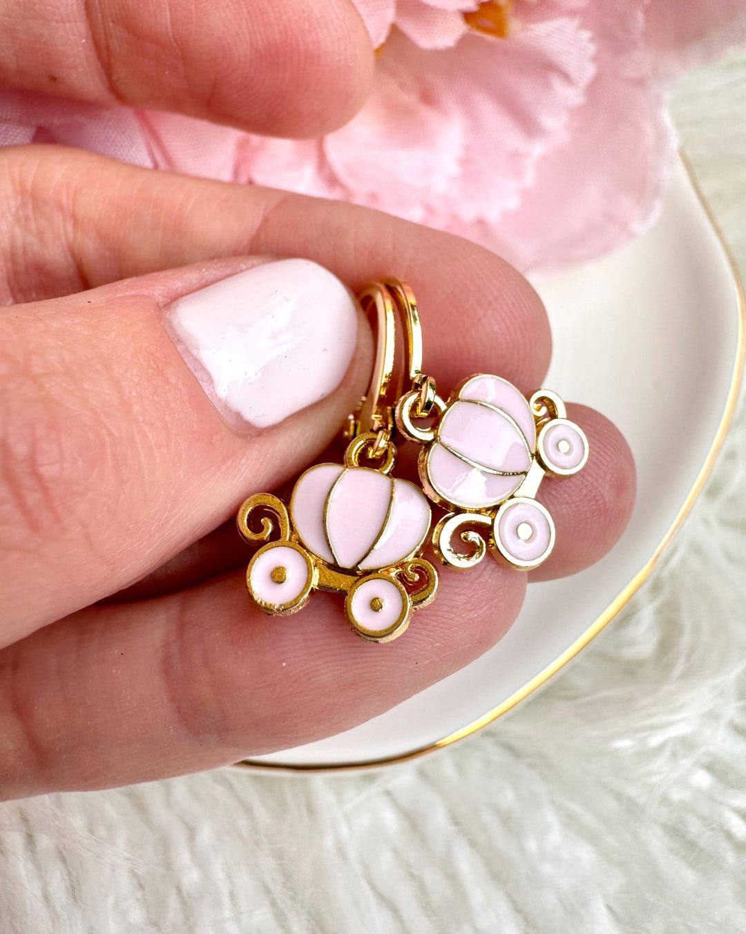 Pink Princess Carriage Girls 18K Gold Plated Huggie Sleeper Hoop ...