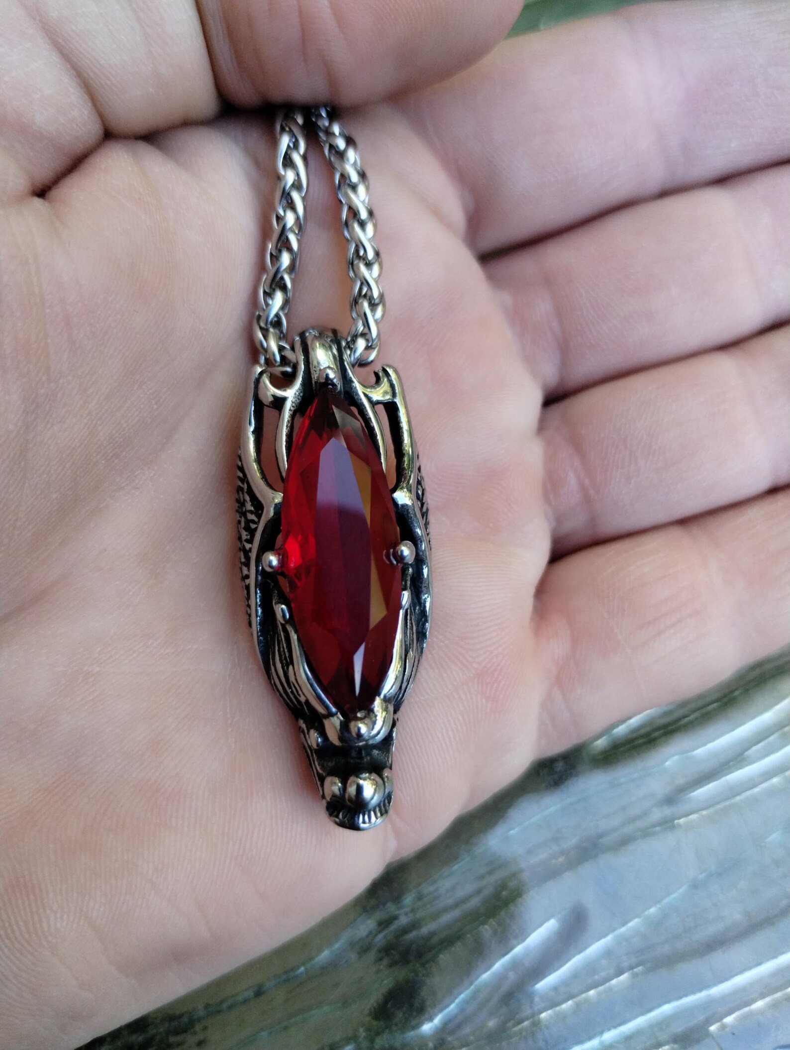 Stainless Steel Wheat Link Necklace With Dragon Head Pendant With Red ...