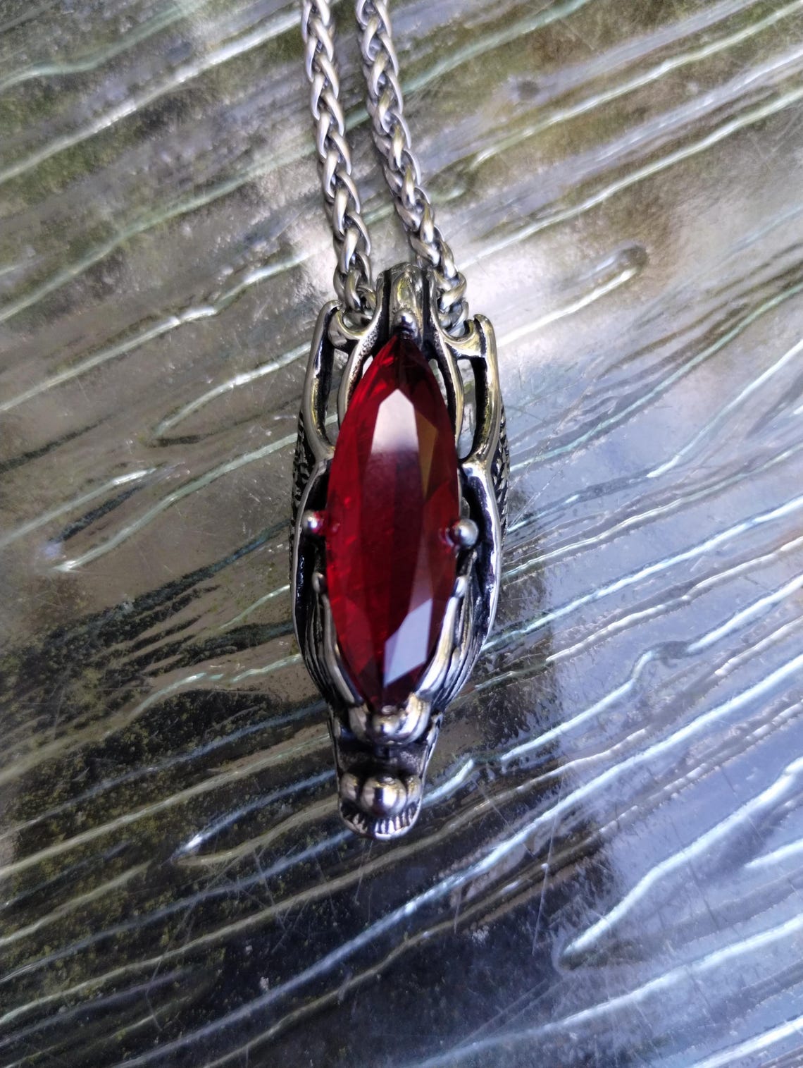 Stainless Steel Wheat Link Necklace With Dragon Head Pendant With Red ...