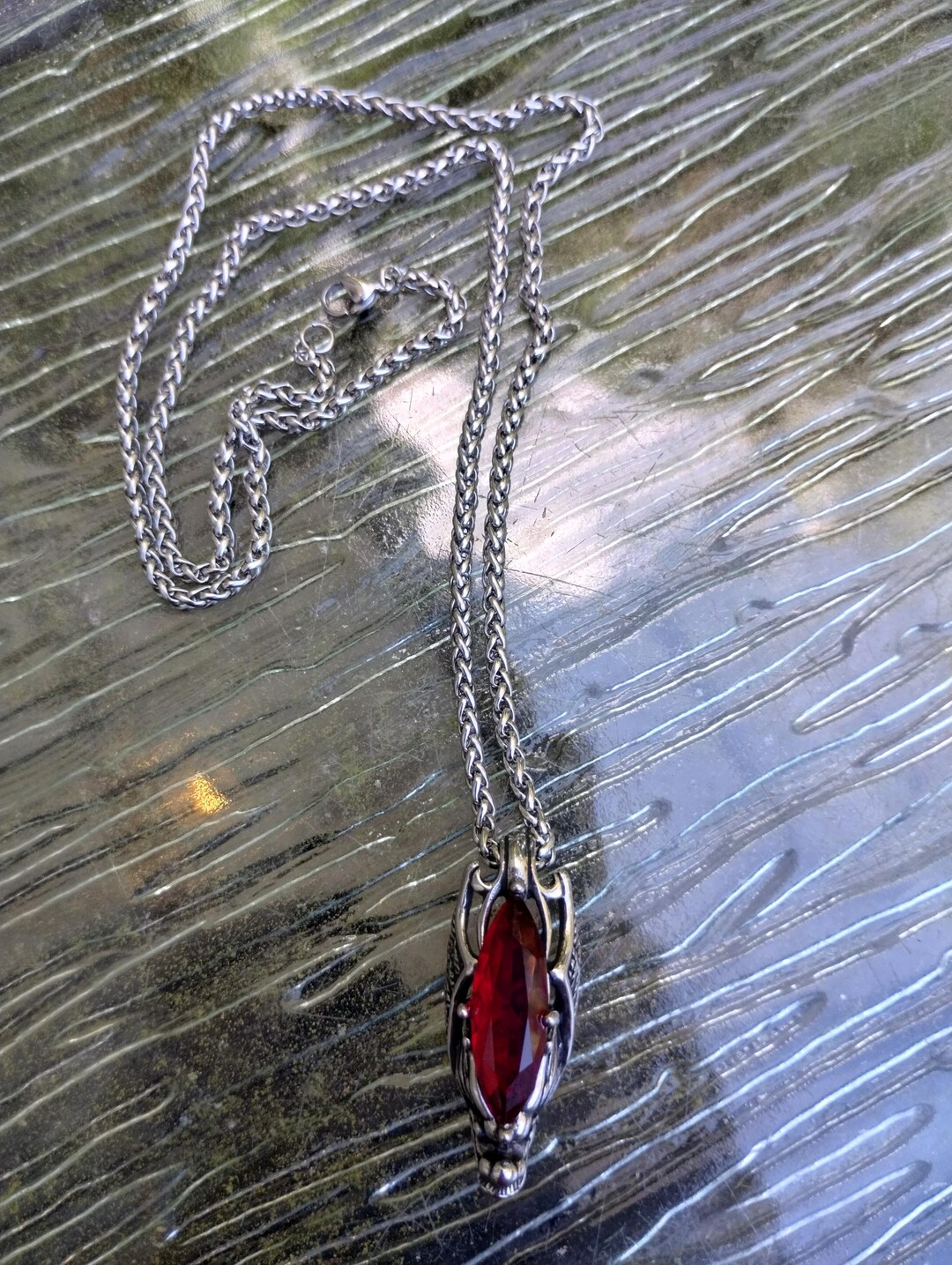 Stainless Steel Wheat Link Necklace With Dragon Head Pendant With Red ...