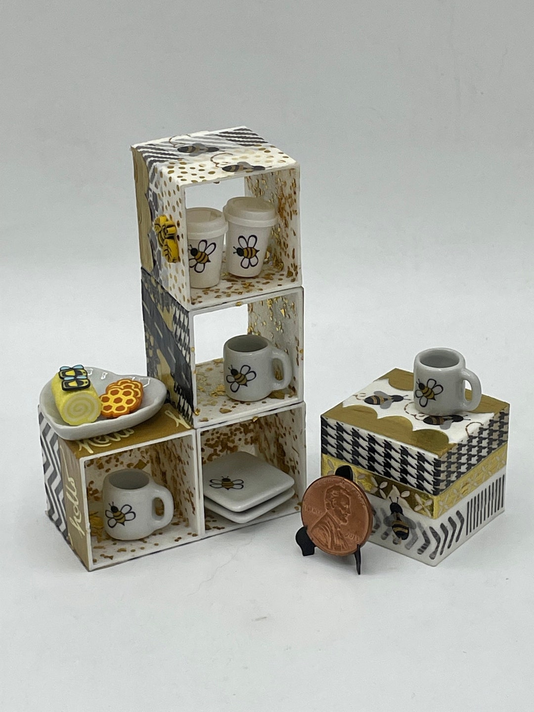 Miniature Beehive Bookshelf~mini Bookshelf and Table~mini Bee Mugs and ...