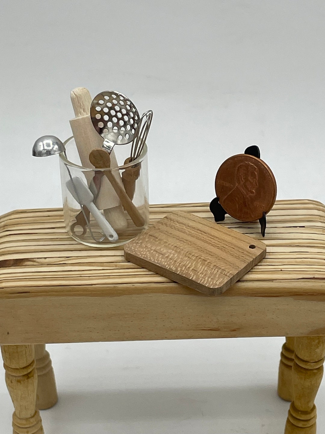 Miniature Kitchen Utensils in Glass Jar With Wooden Cutting Board~mini ...