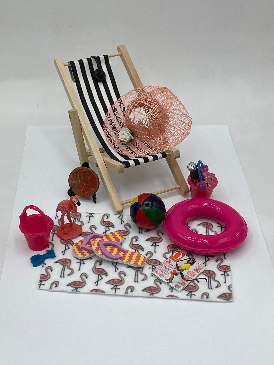 Miniature Beach Kit~mini Towel~mini Bucket W/spade and Flamingo~mini ...