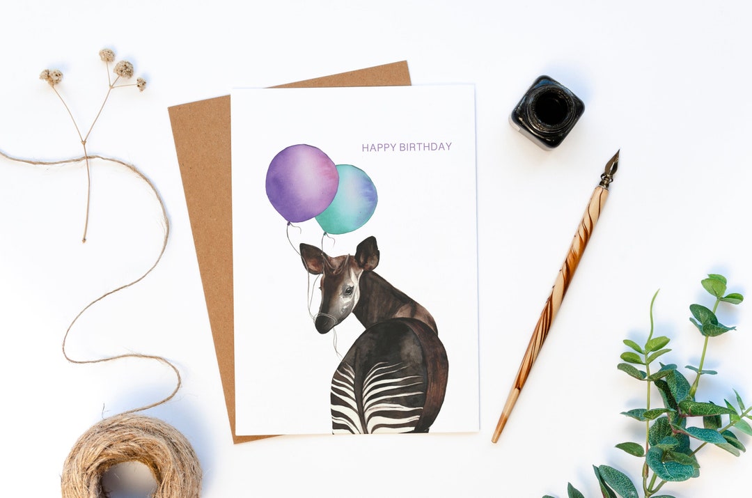 Okapi Watercolour Birthday Card • Okapi With 2 Birthday Balloons - Etsy