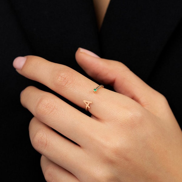 Birthstone Initial Real Gold Ring - Etsy