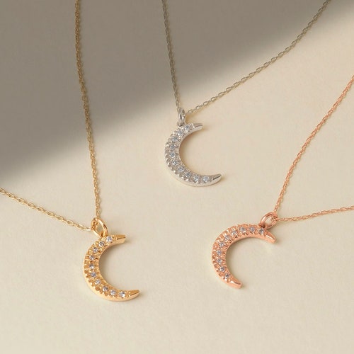 Diamond Moon Necklace 14k Solid Gold | Etsy