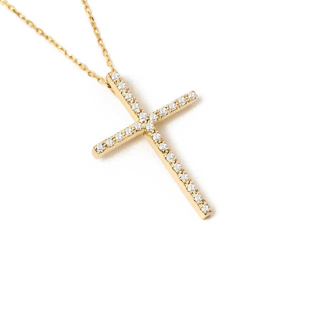 Dainty Diamond Cross Necklace in 14K Solid Gold, 0.12 Ct Natural ...