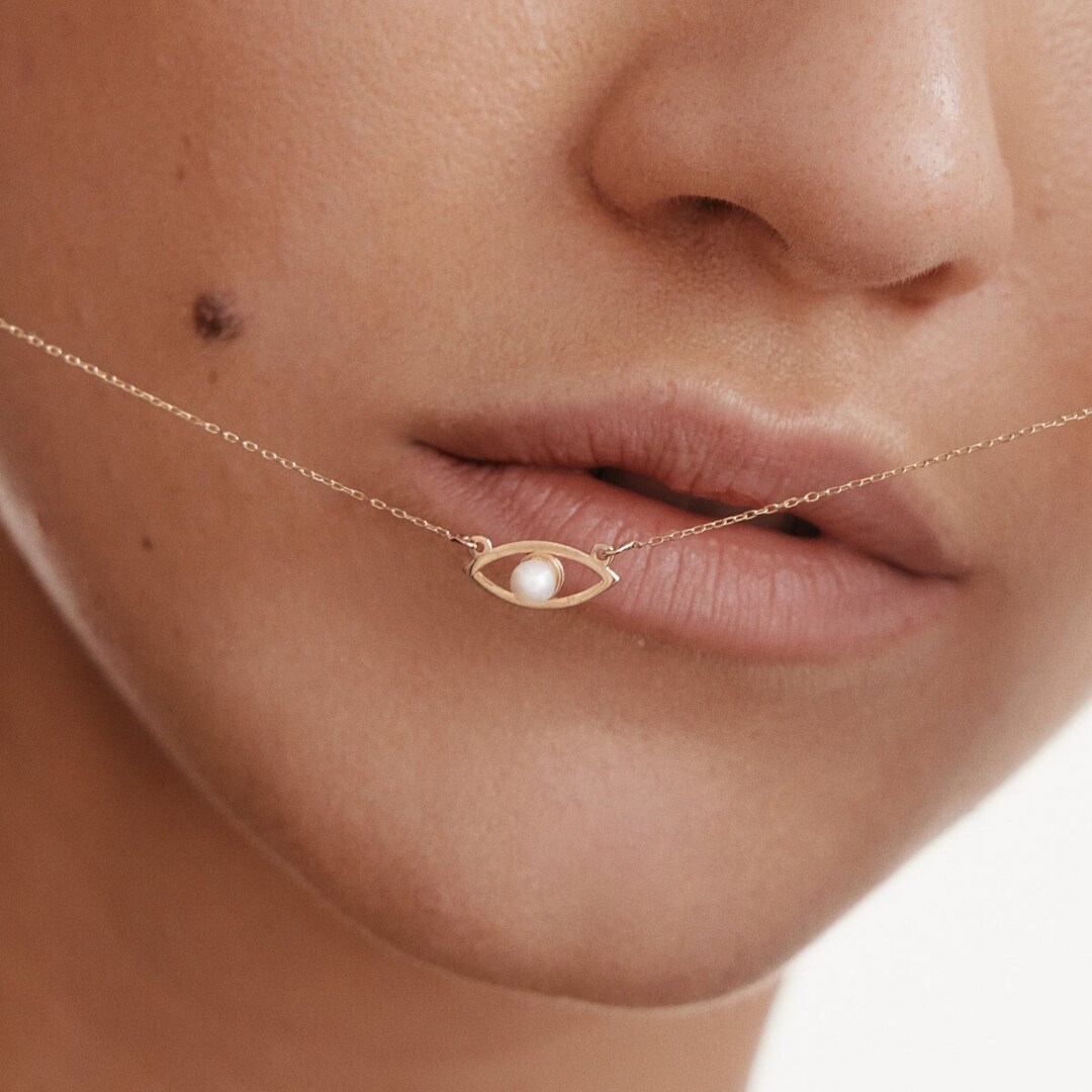 Pearl Evil Eye Necklace in 14K Solid Gold Pearl Eye Bracelet - Etsy